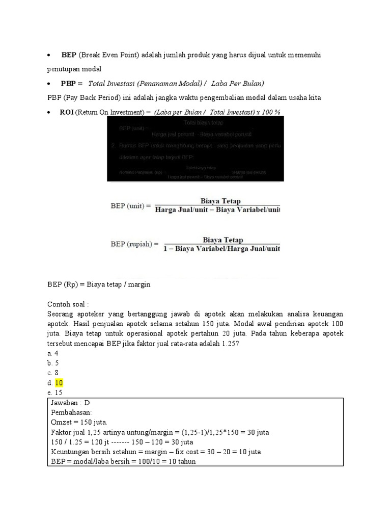 Contoh Soal BEP dan PBP Apotek | PDF