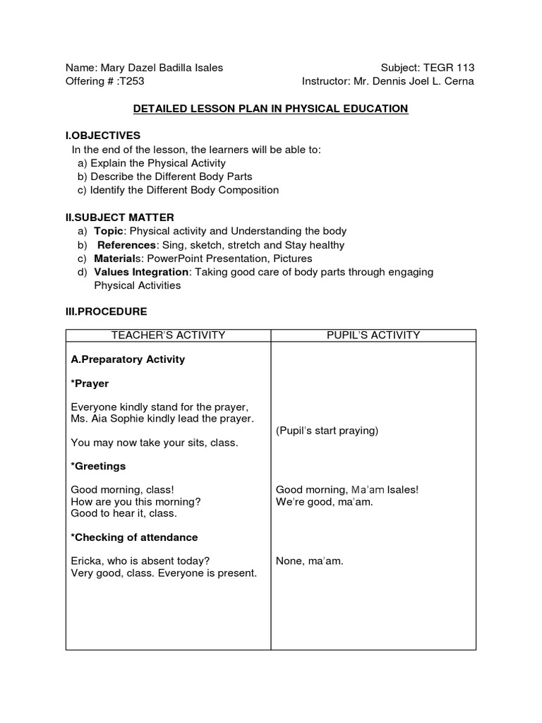 Grade 2 Physical Education Lesson Plan | PDF | Cognition | Behavior ...