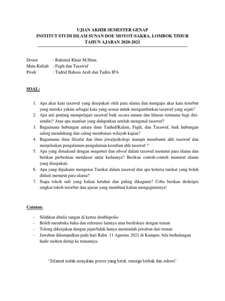 Ujian Akhir Semester Genap Fiqih Dan Tasawuf | PDF