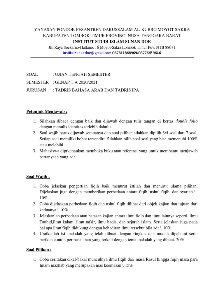 Soal Uts Fiqih 2021 Pba Dan Ipa | PDF