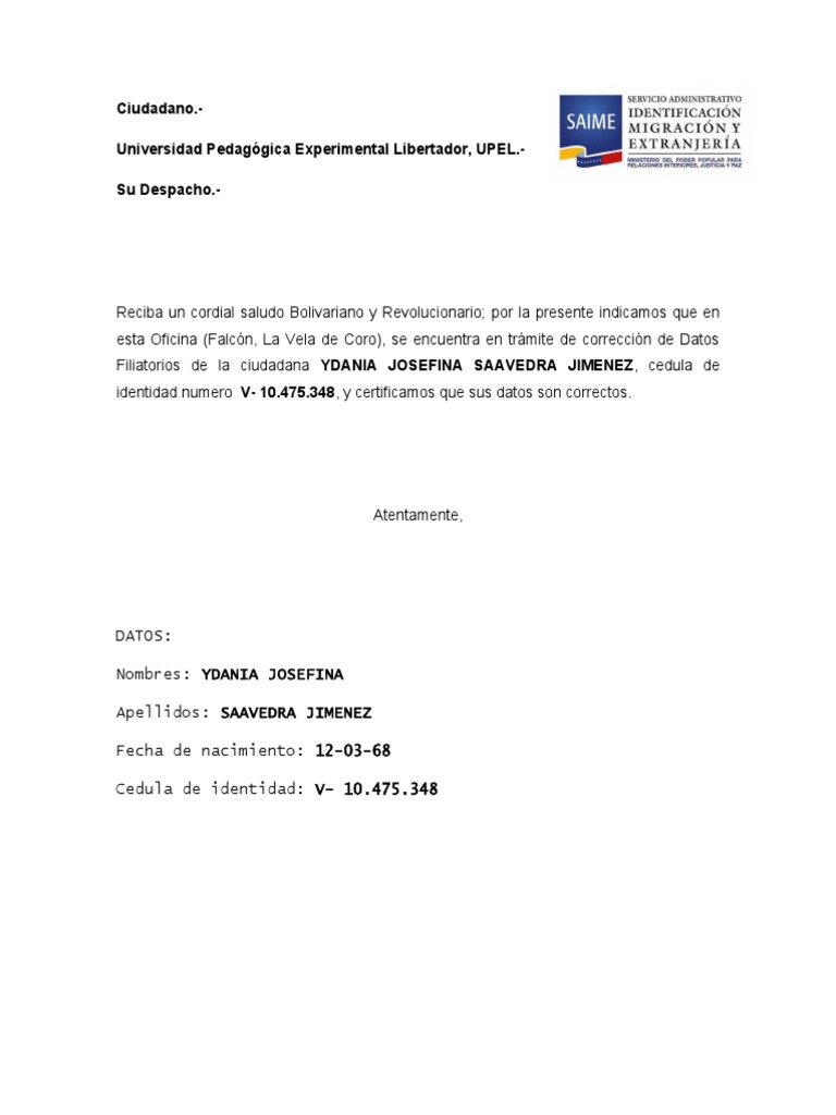 Carta Datos Filiatorios Saime | PDF