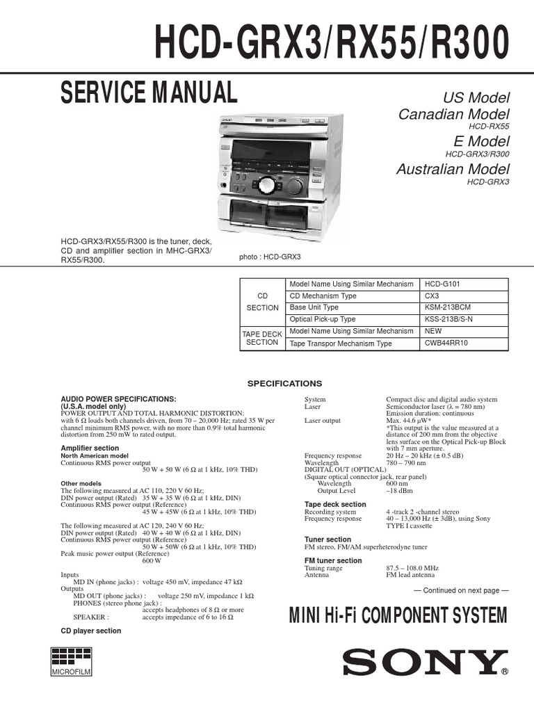Service Manual: HCD-GRX3/RX55/R300 | PDF | Frequency Modulation | Laser