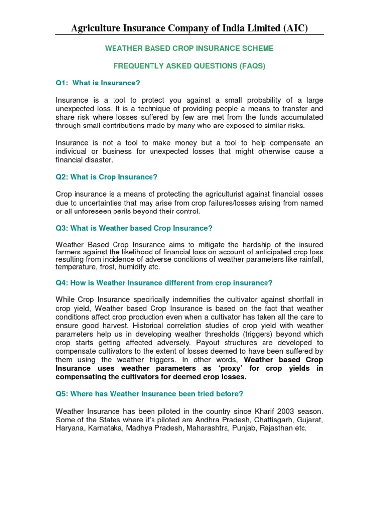 Agriculture Insurance Company of India Limited (AIC) : Q1: What Is Insurance? | PDF | Crop ...