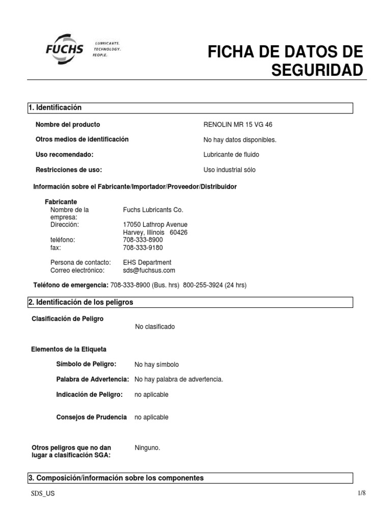 Ficha Seguridad Renolin Mr 15 Vg 46 Pdf Toxicología Toxicidad