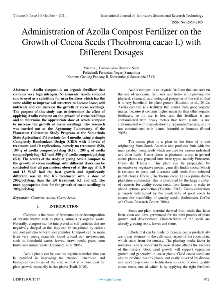 Administration of Azolla Compost Fertilizer On The Growth of Cocoa ...