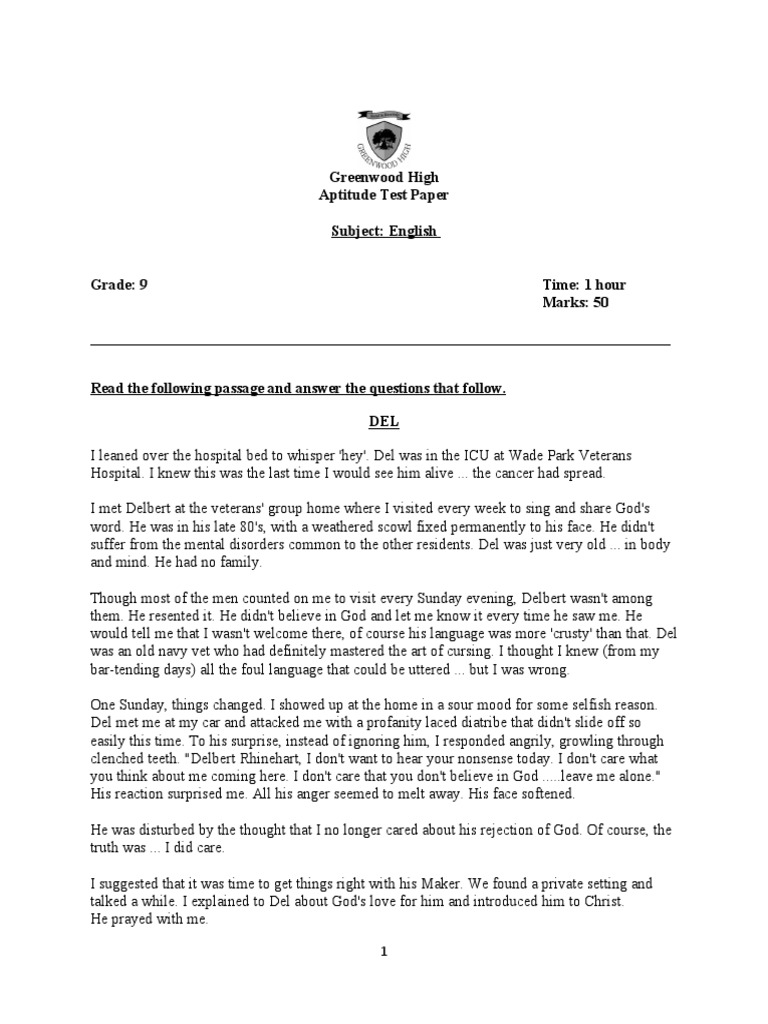 Greenwood High Aptitude Test Paper | PDF | God