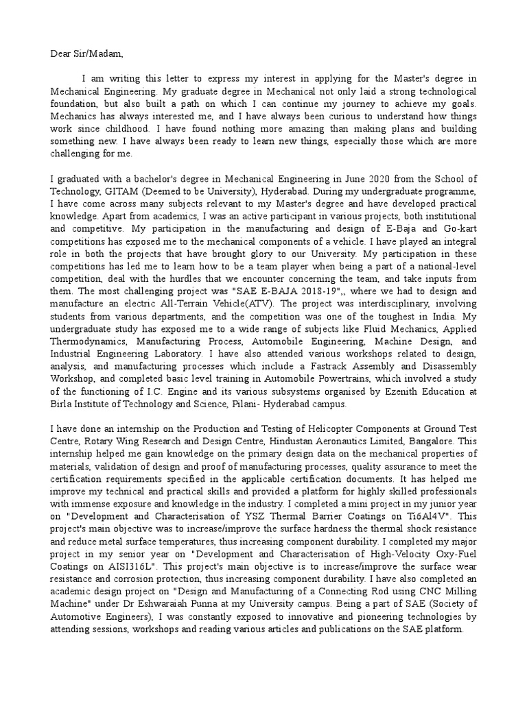 Motivation Letter - Mechanical Engineering | PDF | Engineering ...
