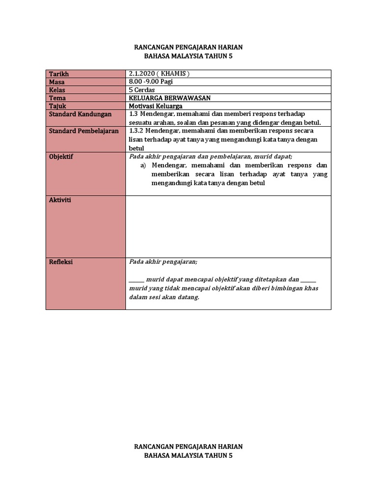 Contoh RPH 2020 | PDF