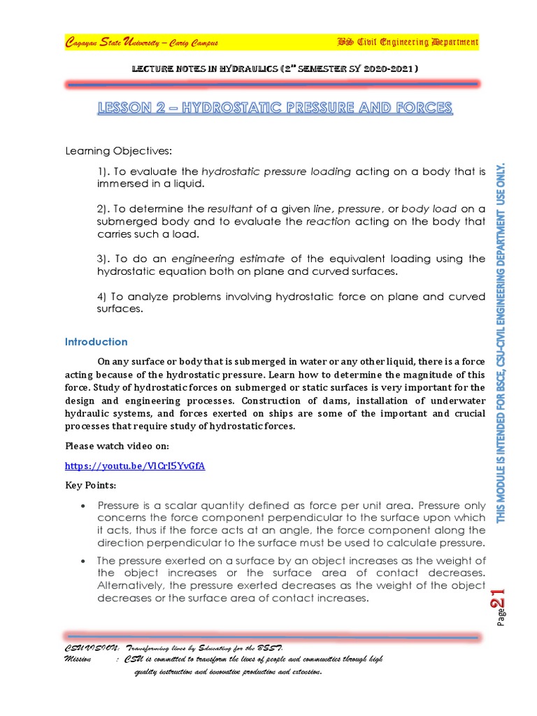 Hydraulics Lesson 2 - Hydrostatic Pressure | PDF | Pressure Measurement ...