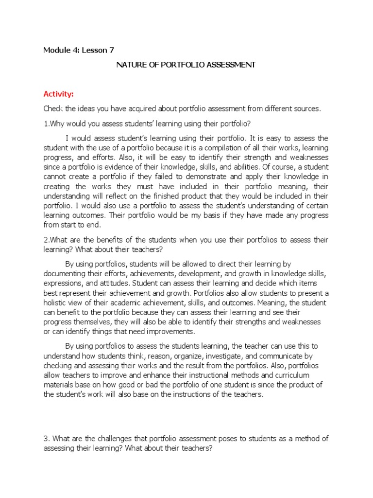 Activity:: Module 4: Lesson 7 Nature of Portfolio Assessment | PDF ...