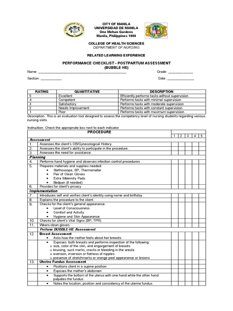 Performance Checklist Postpartum Assessment Bubblehe | PDF | Urinary ...