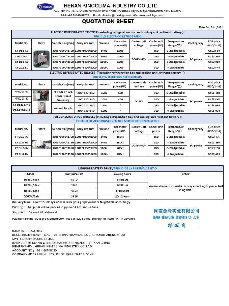Quotation Sheet of Motor Bicycle, Tricycle Including Box and Unit From ...