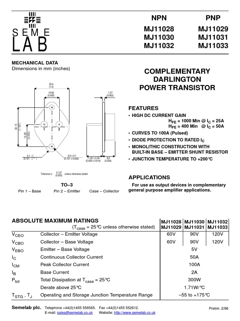NPN MJ11028 MJ11030 MJ11032 PNP MJ11029 MJ11031 MJ11033: Features | PDF ...