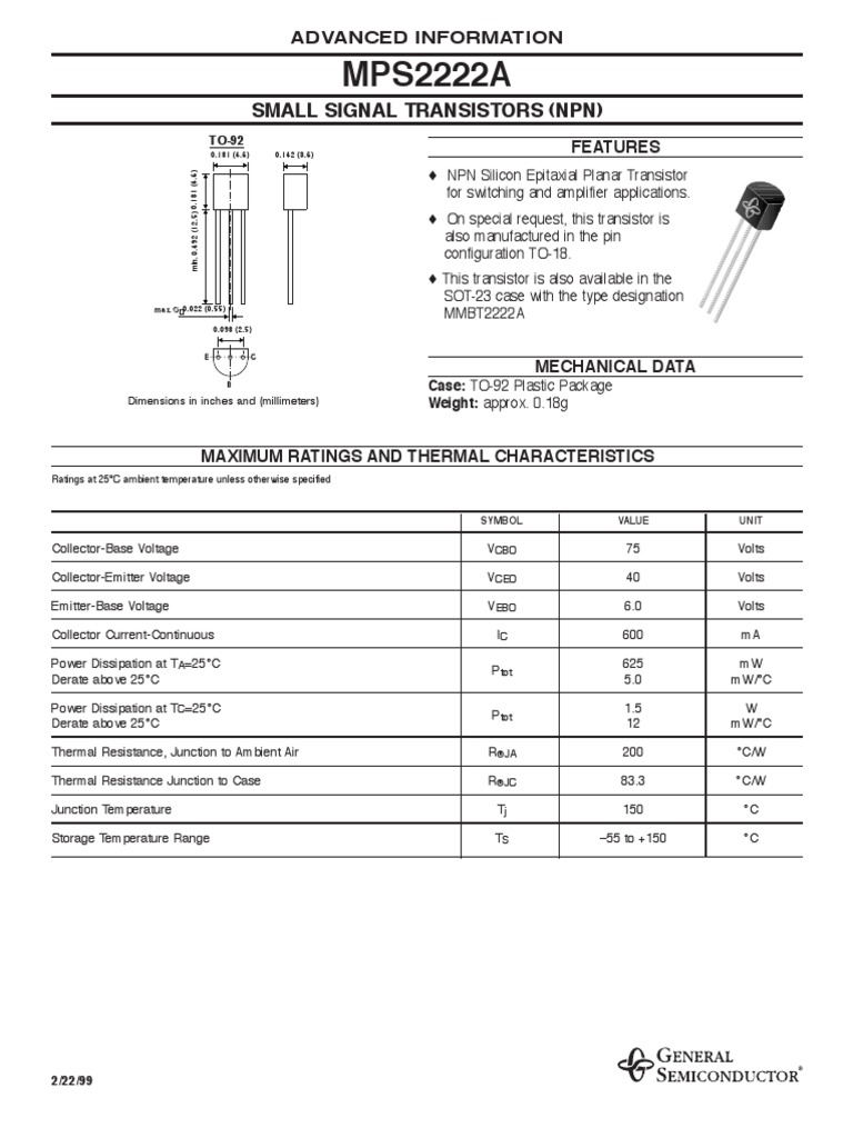 MPS2222A: Small Signal Transistors (NPN) | PDF | Bipolar Junction ...
