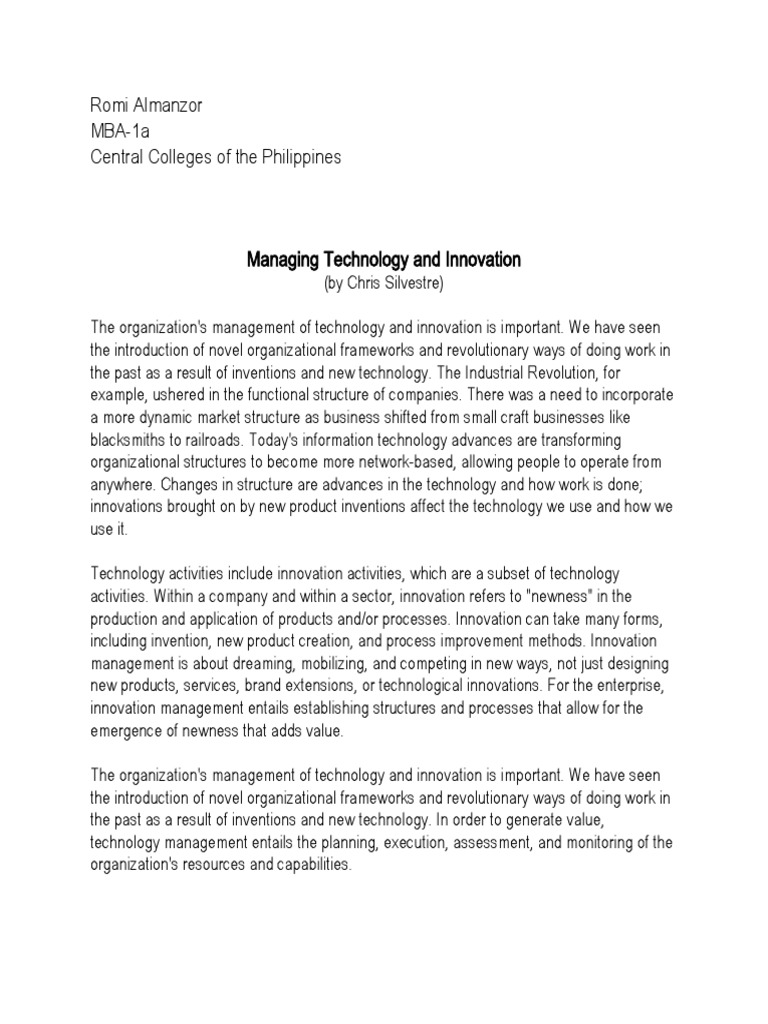 Managing Technology and Innovation Strategies | PDF | Business