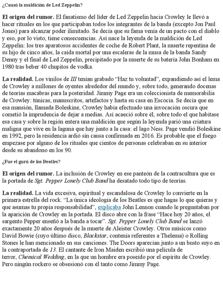 Aleister Crowley Su Relacion Con Led Zeppelin y Los Beatles | PDF ...