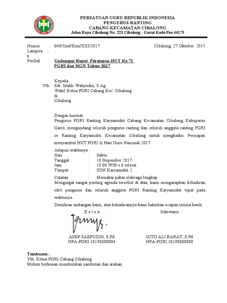 Surat Undangan Rapat Persiapan Hut Pgri Ke 72 Ranting Karyamukti | PDF
