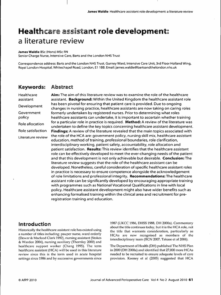 Healthcare Assistant Role Development Literature Review | PDF | Nursing ...