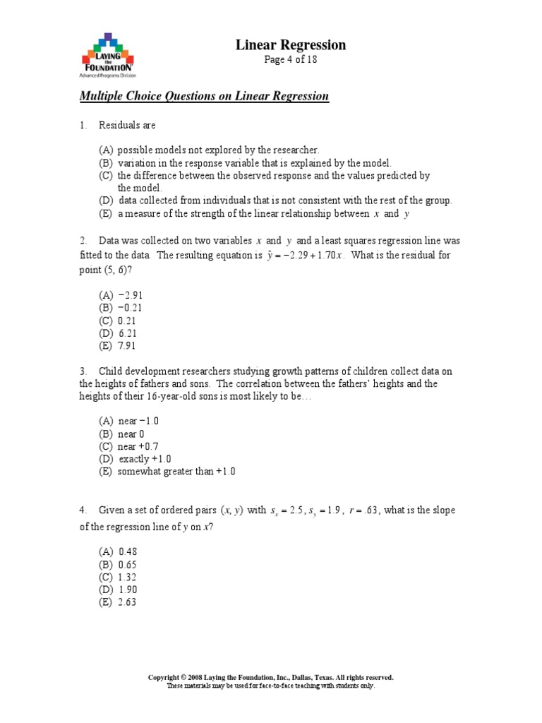 Multiple Choice Questions On Linear Regression | PDF | Regression ...