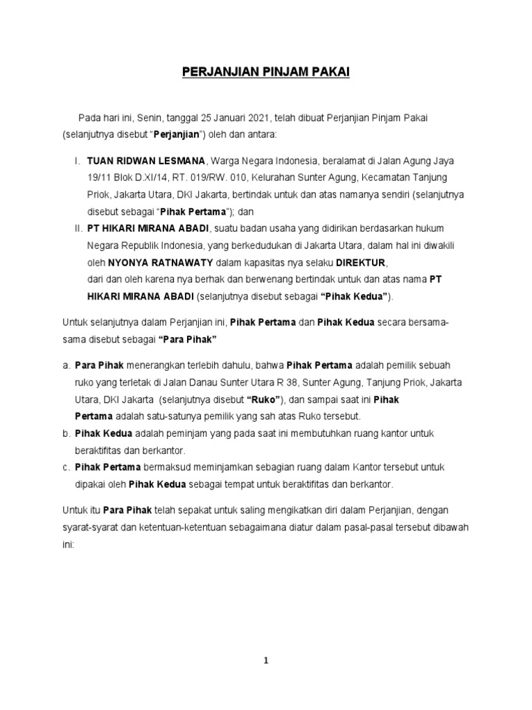 Perjanjian Pinjam Pakai Ruko Jakarta | PDF