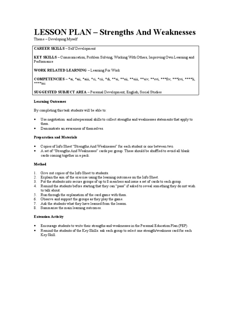 Strengths and Weaknesses Lesson Plan | PDF | Learning | Behavior ...