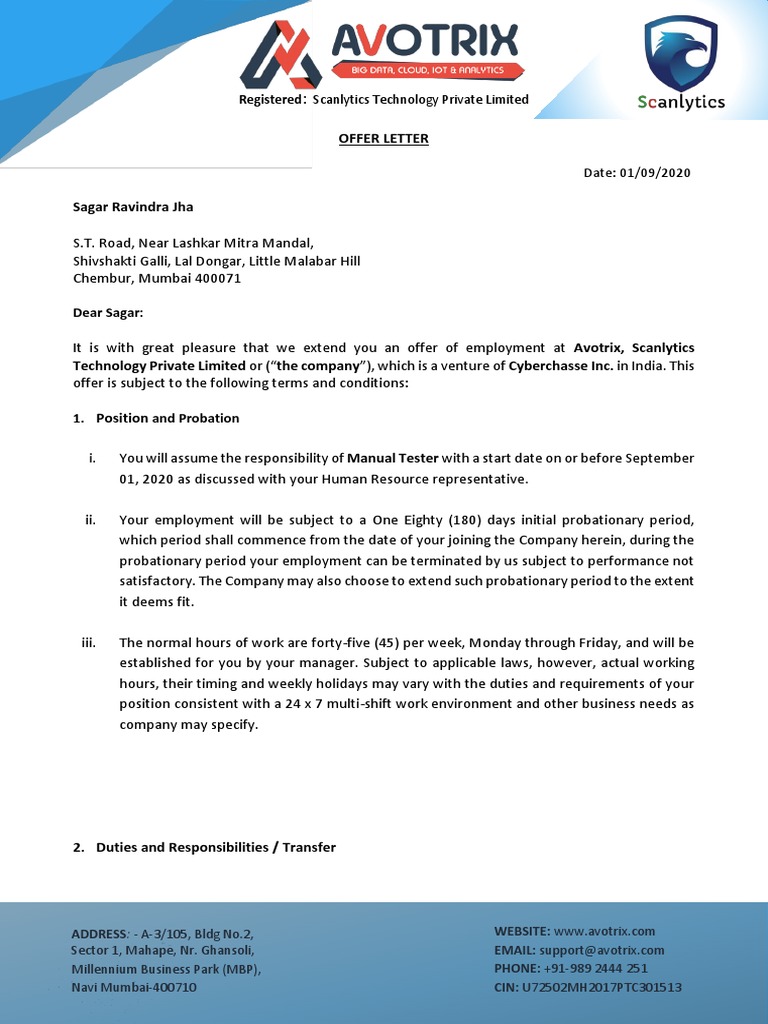 Offer Letter - Sagar Ravindra Jha | Download Free PDF | Employment ...