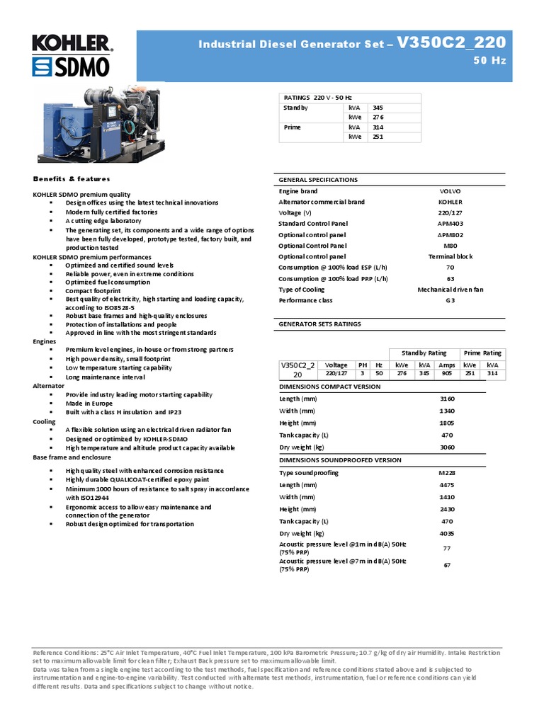 Specification Sheet for a 350kVA, 50Hz Industrial Diesel Generator Set ...