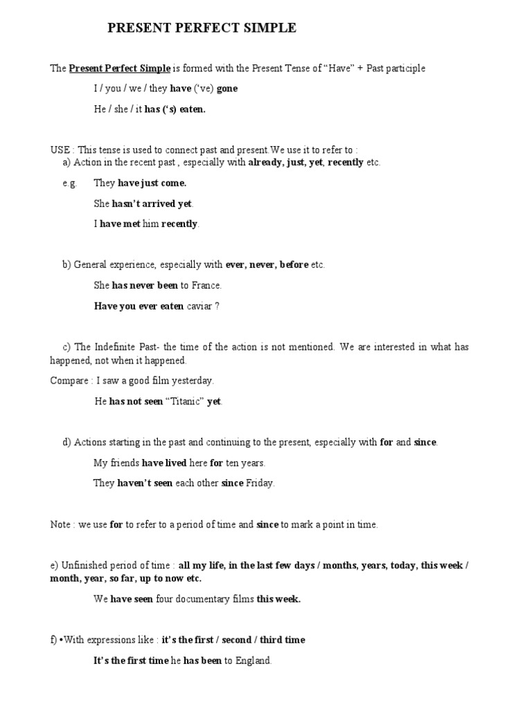 Present Perfect Simple | PDF | Perfect (Grammar) | Grammatical Tense