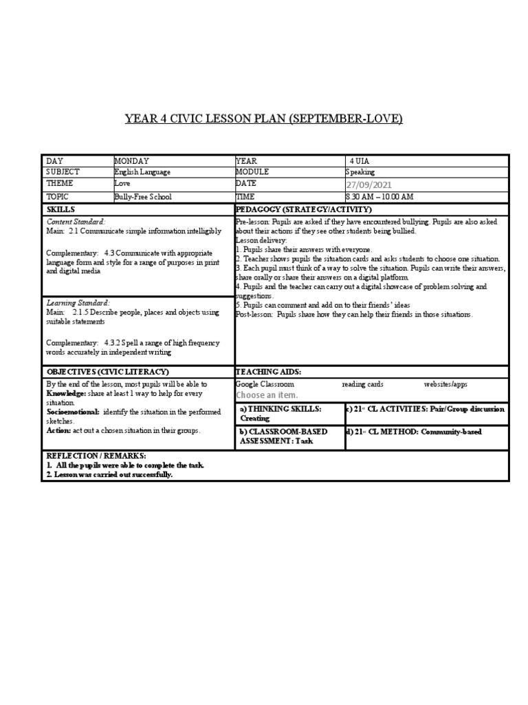 Year 4 Civic Lesson Plan (September-Love) : Content Standard | PDF ...