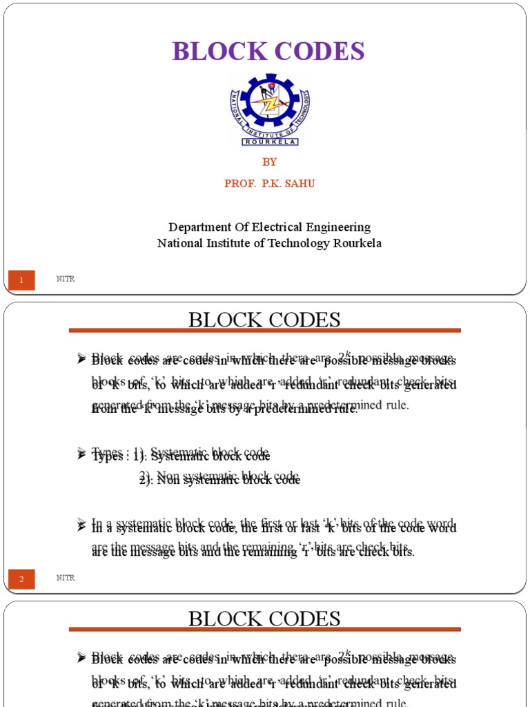 Block Codes: Department of Electrical Engineering National Institute of ...