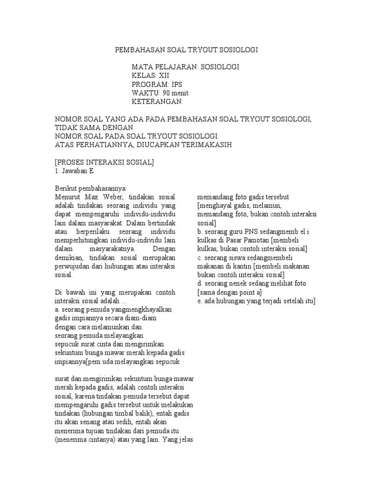 Pembahasan Soal Tryout Sosiologi | PDF | Sains & Matematika
