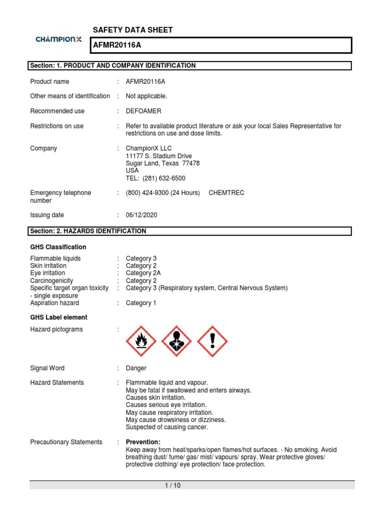 Afmr20116a Sds Usa (GHS) English | PDF | Dangerous Goods | Toxicity