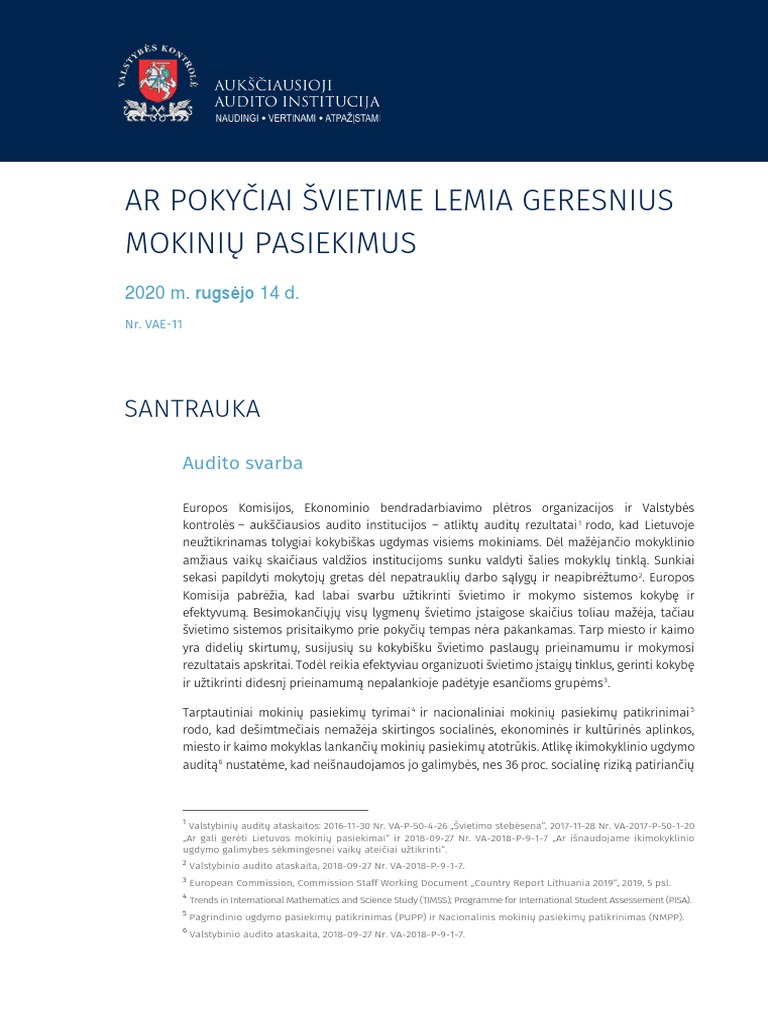 AUDITO ATASKAITA 2020 Santrauka Ar Pokyciai Svietime Lemia Geresnius ...