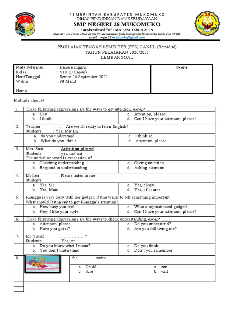 Soal Pas Kelas 8 Ganjil (2020-2021) | PDF