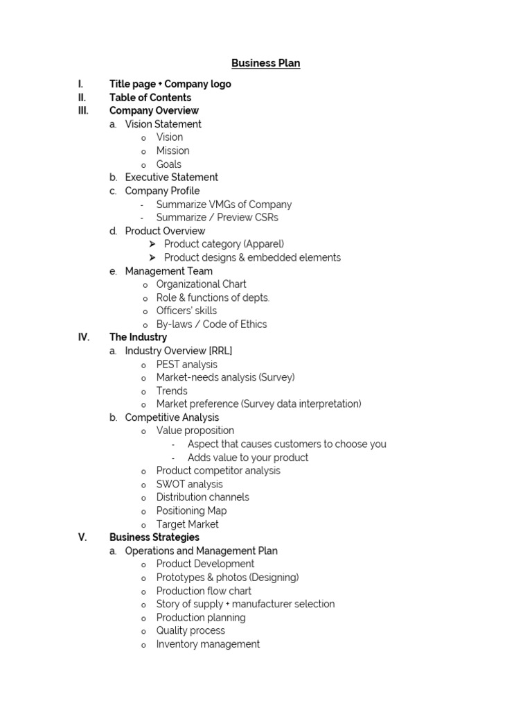 I. Title Page + Company Logo II. Iii. Company Overview: Business Plan ...