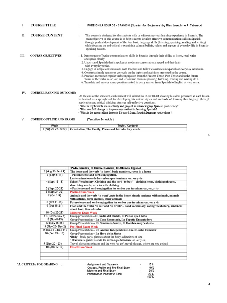 Course Title: I. FOREIGN LANGUAGE - SPANISH (Spanish For Beginners) by ...