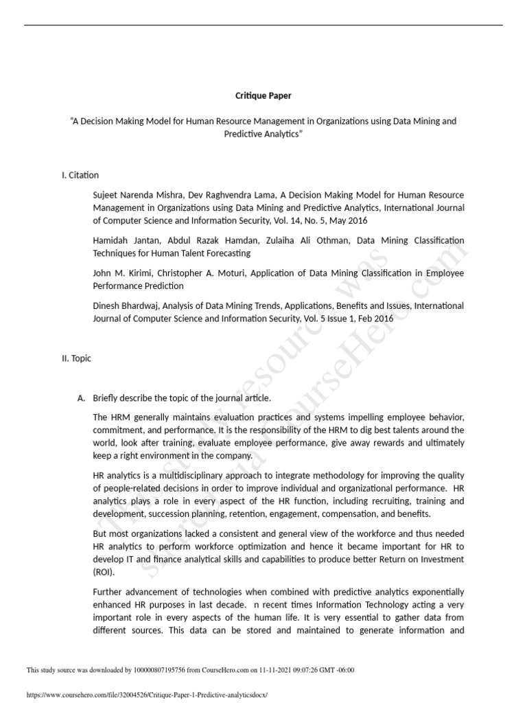 Critique Paper 1 Predictive Analytics | Download Free PDF | Analytics ...