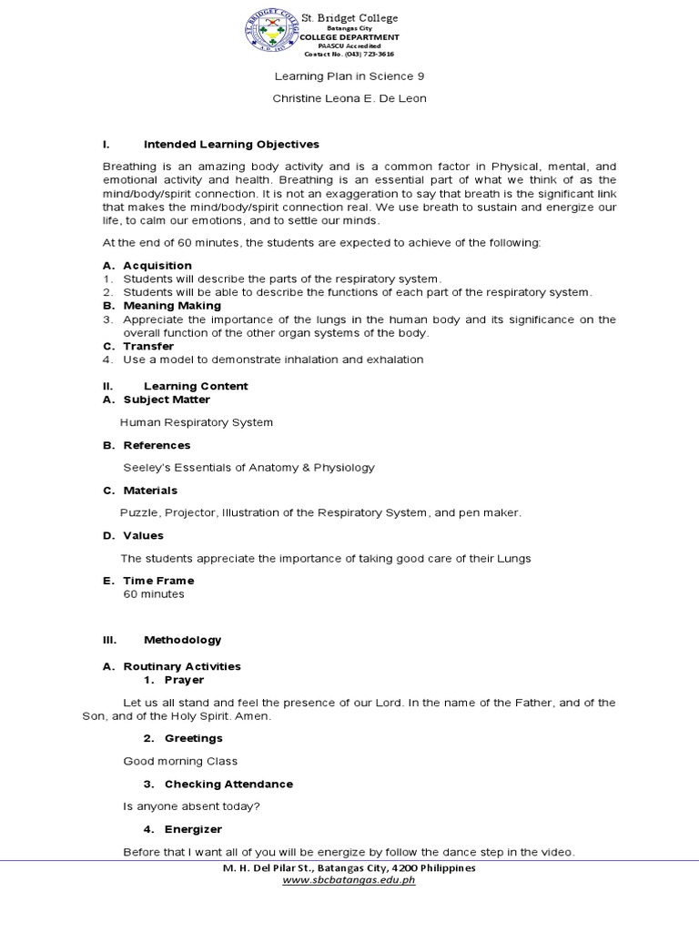 Science 9 Learning Plan: Respiratory System | PDF | Respiratory Tract ...