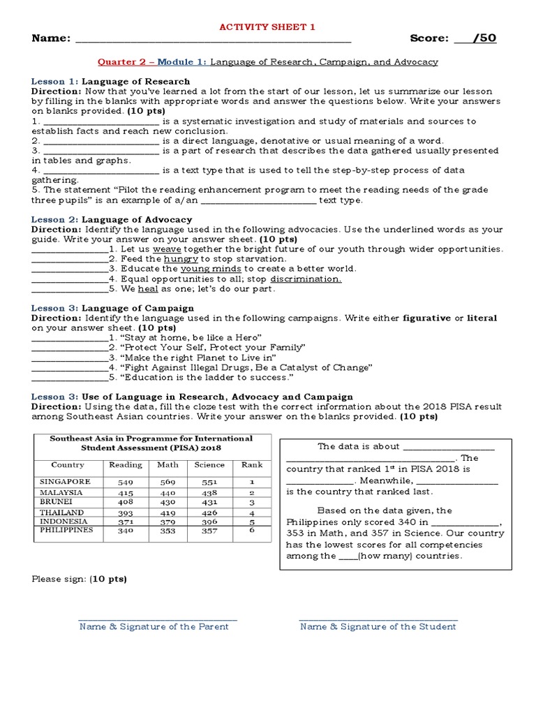 Activity Sheet in English 10 Quarter 2 Module 1 | PDF | Cognition ...