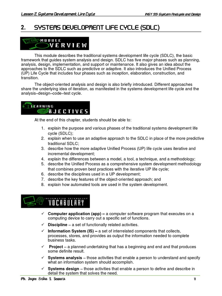 Lesson 2. Systems Development Life Cycle: INSY 55: System Analysis and Design | PDF