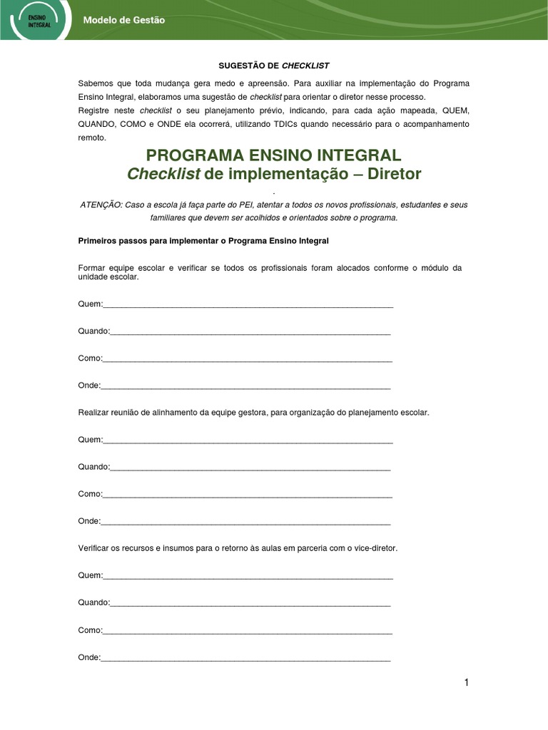 Implementação do Programa Ensino Integral: Checklist para orientar o ...