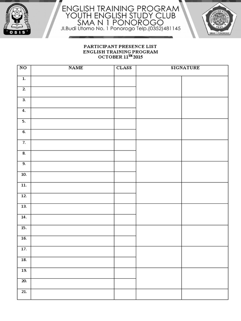 Participant Presence List English Training Program October 11 2015 NO ...