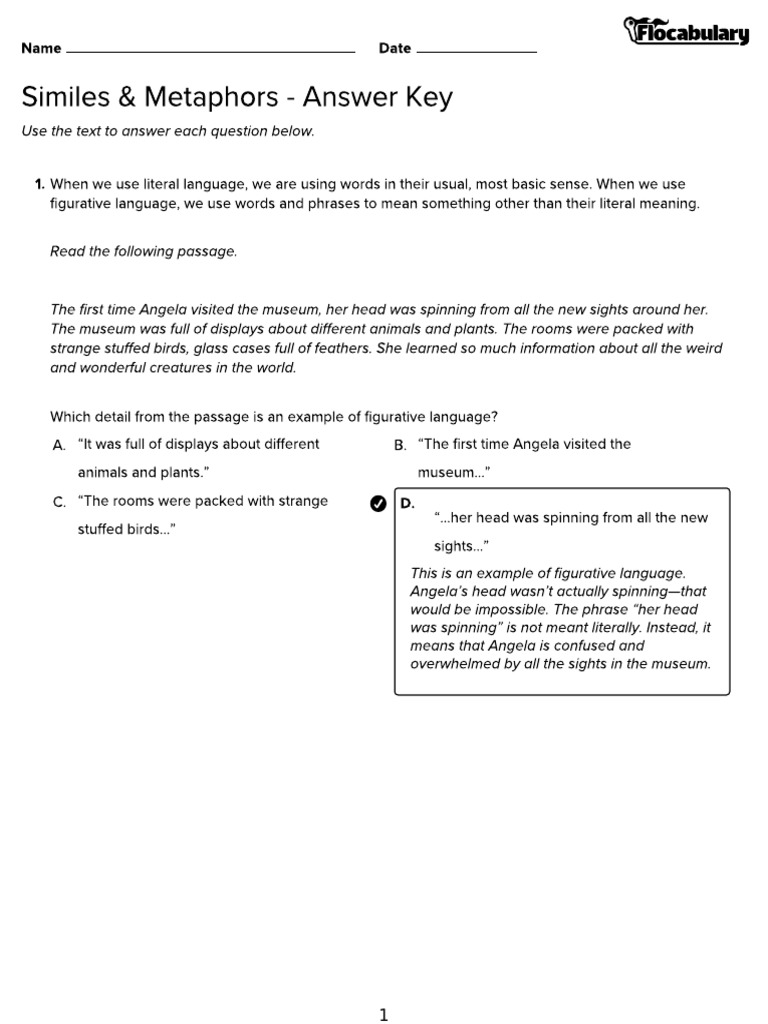 Similes Metaphors v1 Read and Respond Answers | PDF