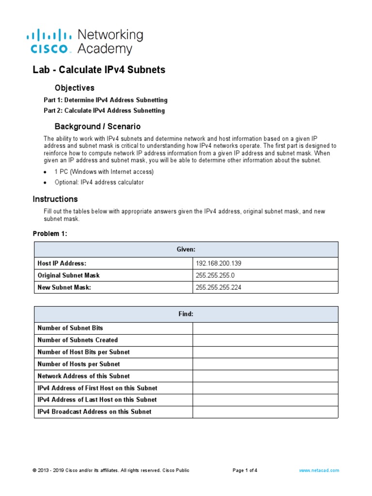 Lab: IPv4 Subnet Calculation Guide | PDF | Ip Address | Internet