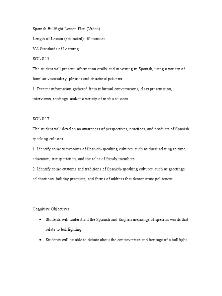 Spanish Bullfighting Lesson Plan | PDF | Bullfighting | Educational ...