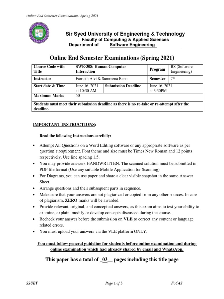 HCI Question Paper Spring 2021 | PDF | Test (Assessment) | Software