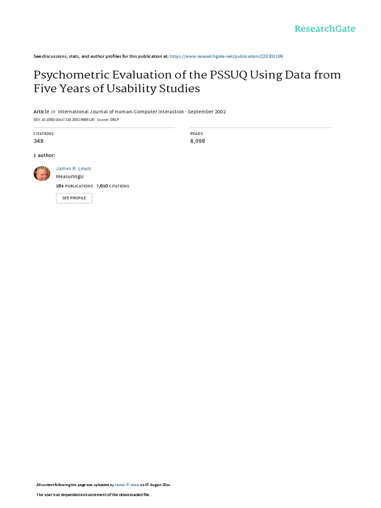 Psychometric Evaluation of The PSSUQ Using Data FR | PDF ...