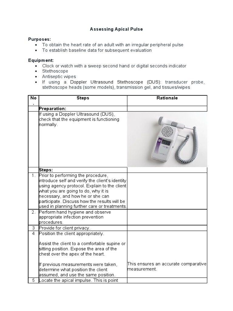 Apical Pulse Assessment Procedure | PDF | Heart | Thorax (Human Anatomy)
