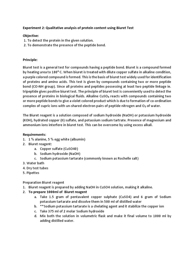 Experiment 2: Qualitative Analysis of Protein Content Using Biuret Test ...
