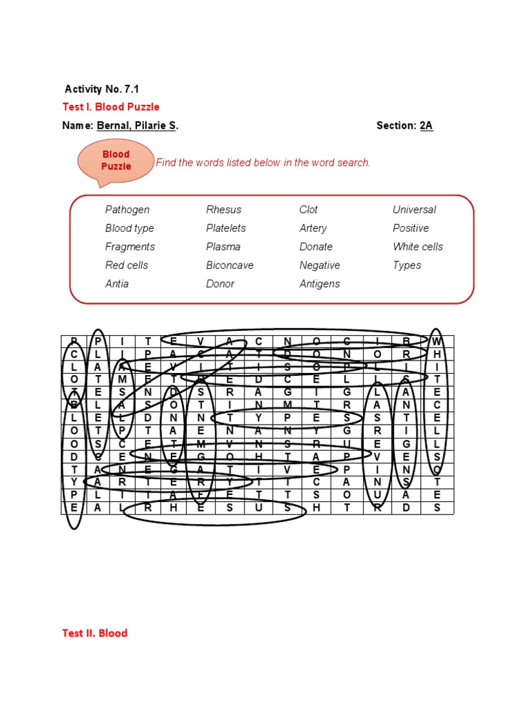 Test I. Blood Puzzle: Find The Words Listed Below in The Word Search ...
